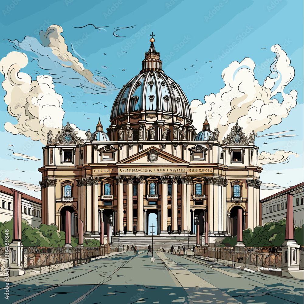 Basilica of Saint Peter hand-drawn comic illustration. Saint Peter's ...