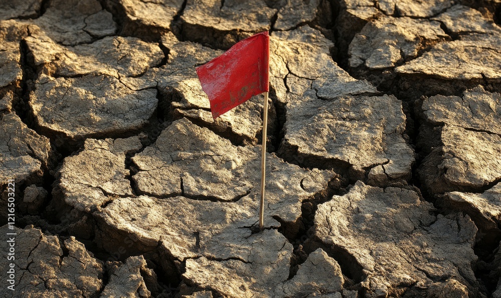 Dry cracked ground with small red flag standing prominently ...