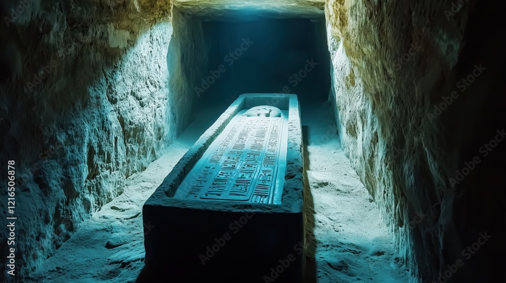The dark tomb reveals a massive stone sarcophagus, surrounded by ...