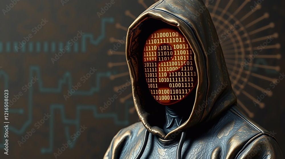 Cast bronze illustration of a hoodie-wearing figure with a glowing ...