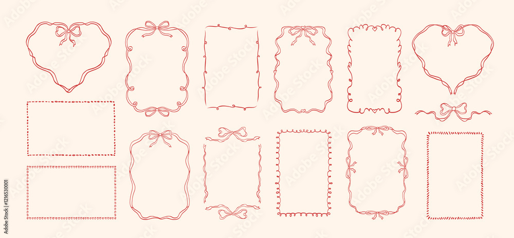 Doodle hand drawn coquette frames with hearts, wavy lines, bows and ...