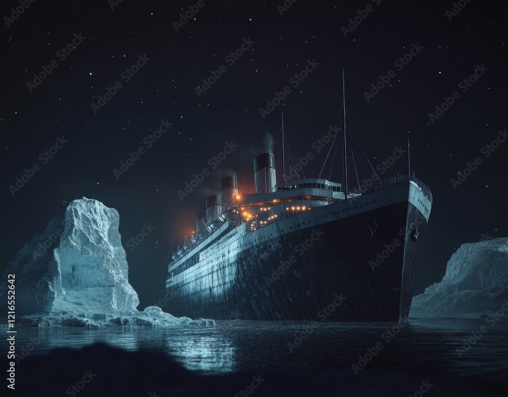 The Titanic ship sinking in the night next to an iceberg.A chilling ...