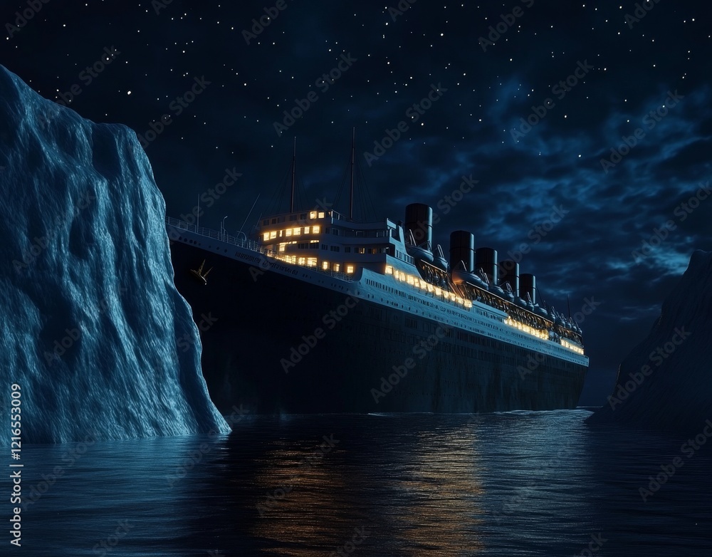 The Titanic ship sinking in the night next to an iceberg. A brightly ...