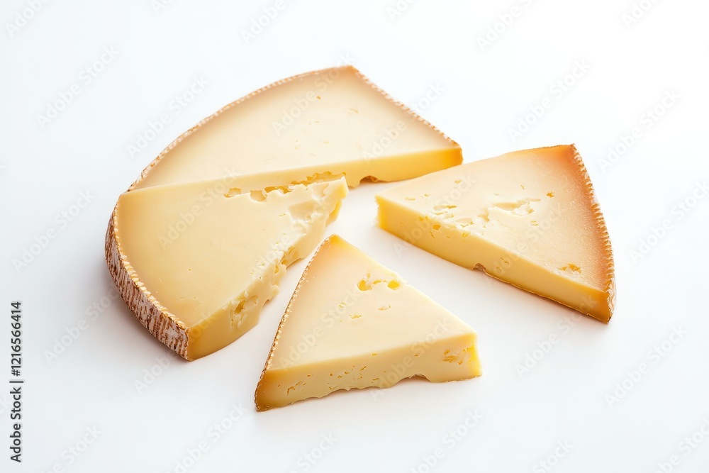 Sliced gourmet cheese wheel on white background, food photography ...