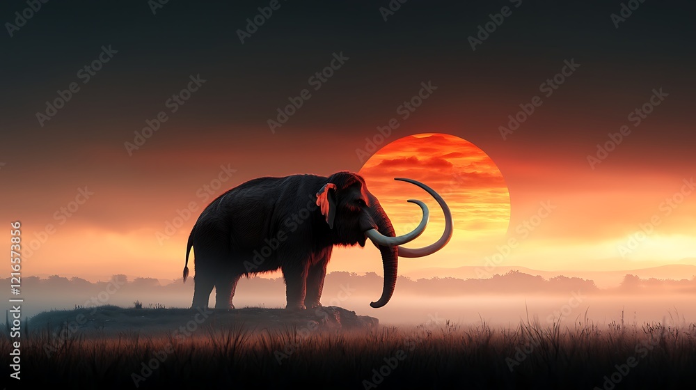 Mammoth sunset savanna prehistoric landscape, extinct animal Stock ...