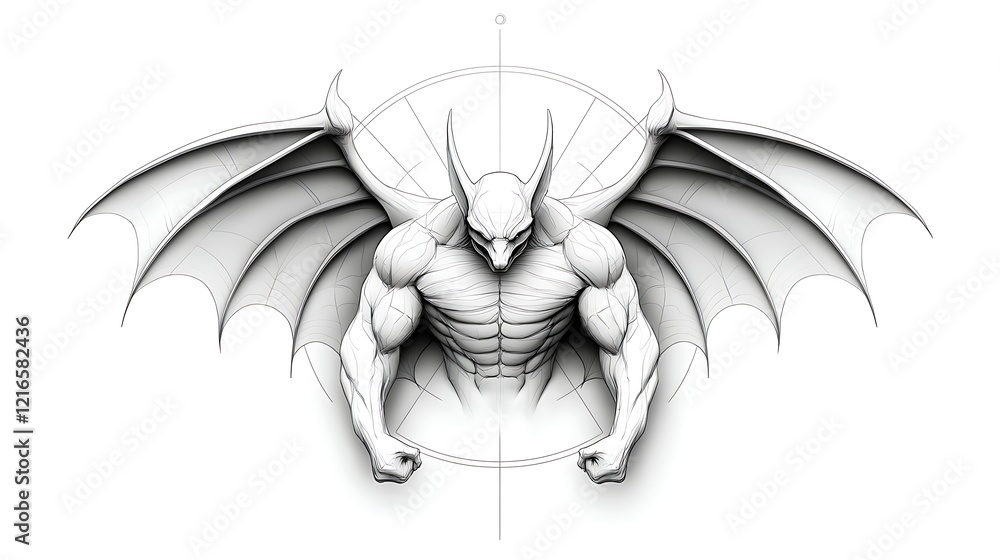 Muscular gargoyle, wings spread, white background, fantasy art Stock ...