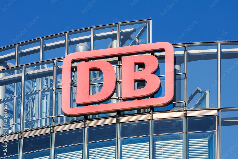 Logo of DB Deutsche Bahn German Railway on Bahntower at Potsdamer Platz ...