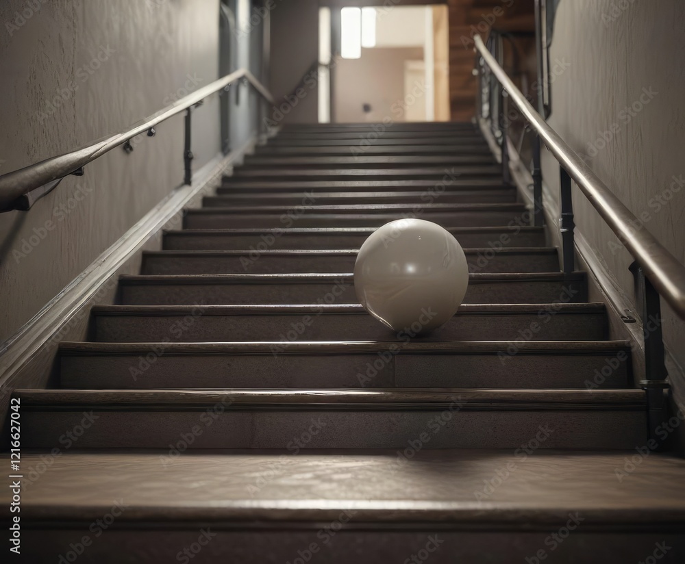 Ball rolling steadily up the staircase at a slow pace, slow, staircase ...