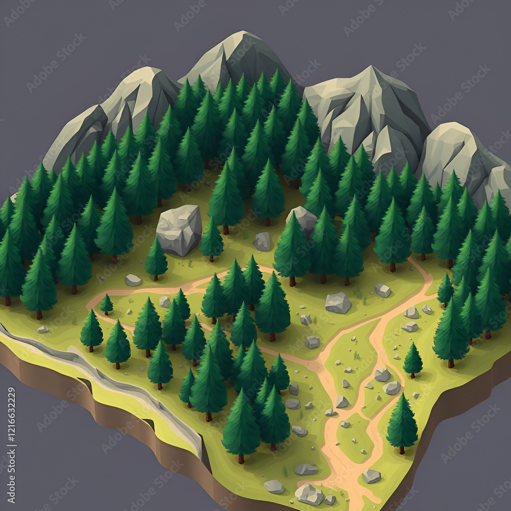 forest landscape isometric. reserve maps cartoon, relief map paths ...