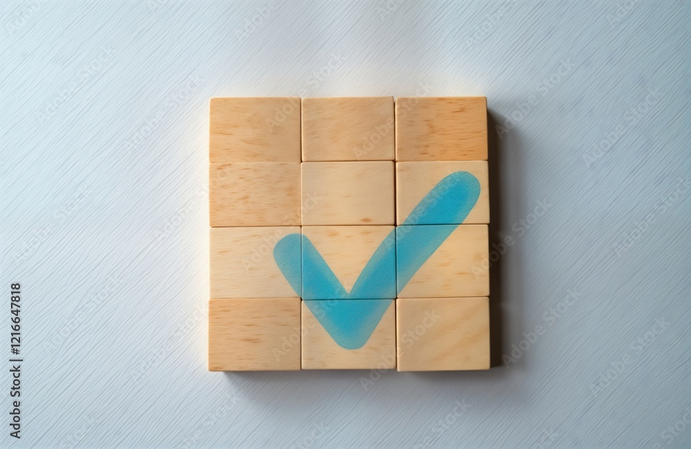 Wooden blocks arranged in grid pattern show blue checkmark. Light ...