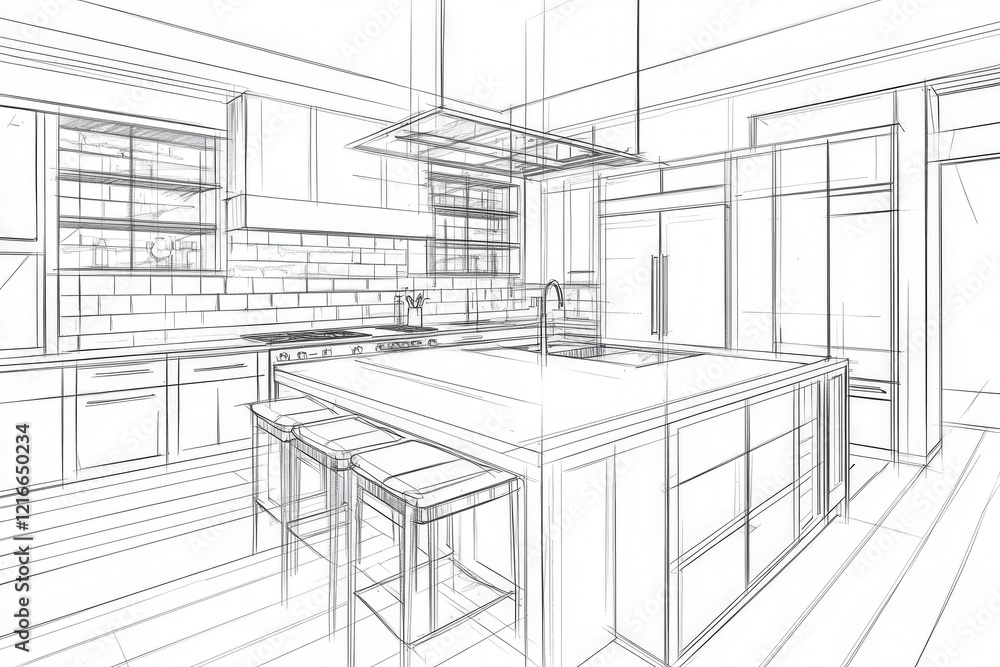 modern kitchen architectural drawing sketch design with island and bar ...