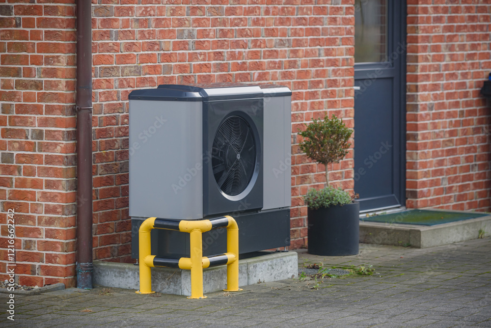 Modern heat pump system installed outside a red-brick house, protected ...