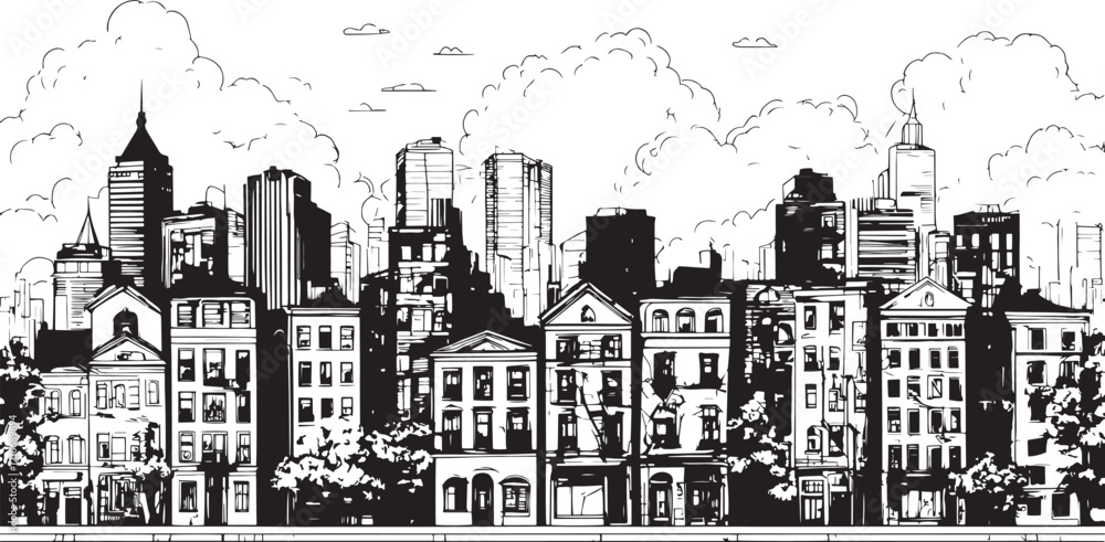 City landscape. Line urban backdrop, different buildings on street ...
