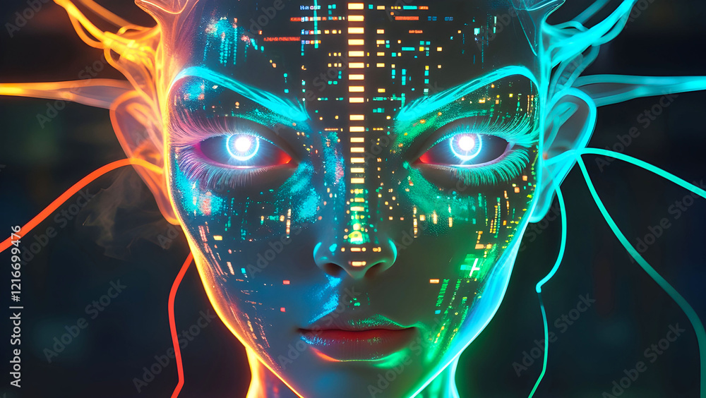 Extraterrestrial entity with an ethereal, translucent holographic face ...