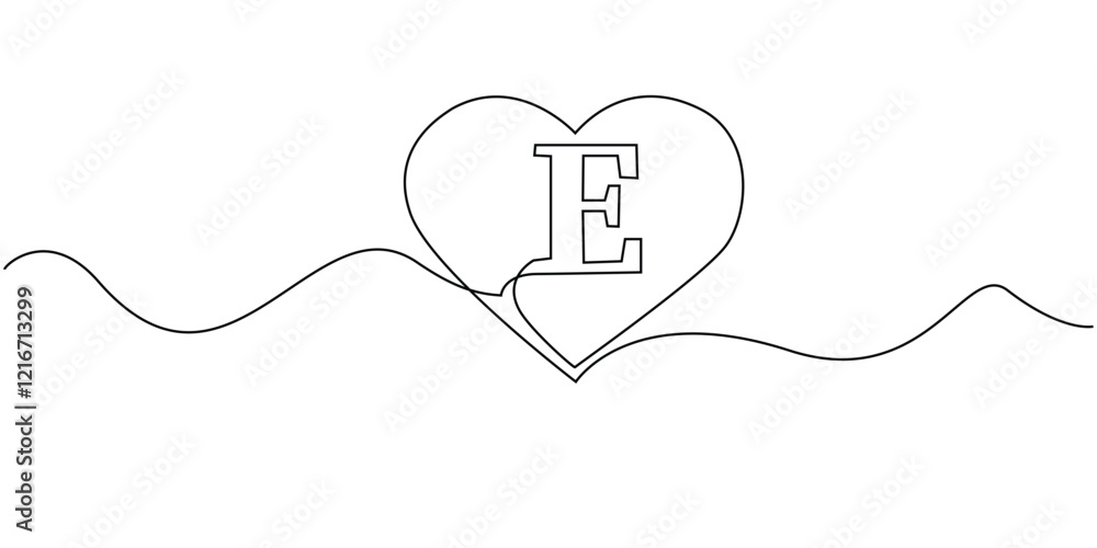 continuous line heart with letter E.one line drawing of heart sign with ...