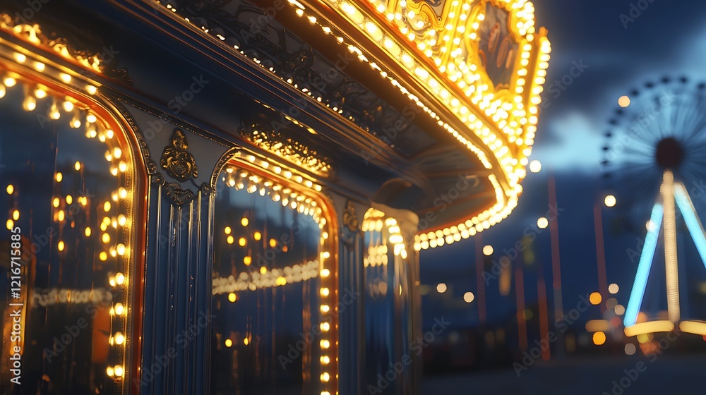 Illuminated carousel section, night fair, Ferris wheel, amusement Stock ...