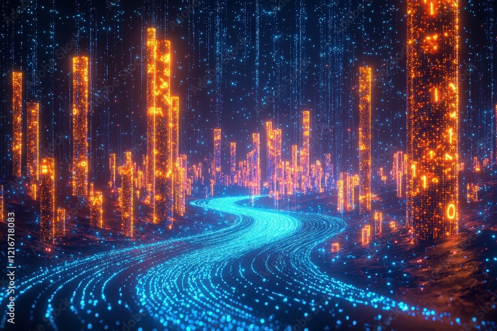 Digital Stream in Futuristic Cityscape, glowing data flows in a grid, Generated AI Stock ...