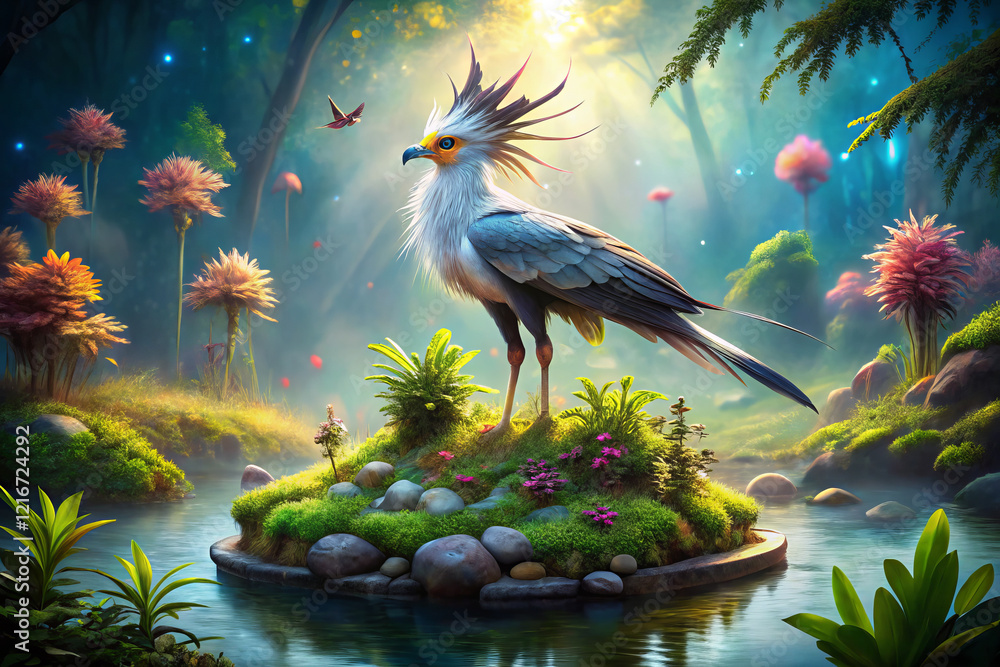 Majestic secretary bird in fantasy forest on floating island ...