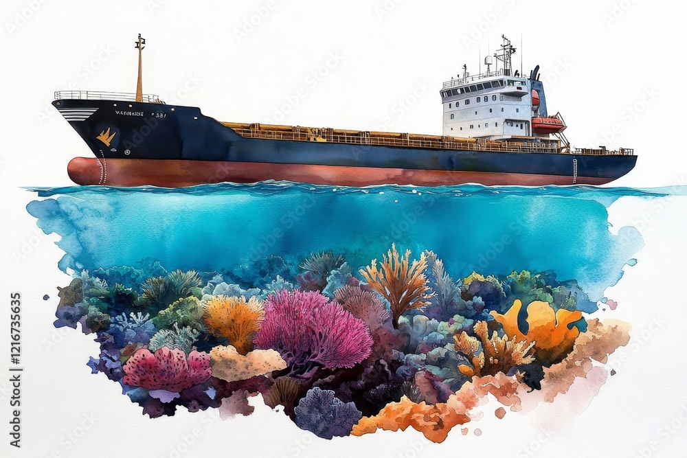 Cargo Ship Over Coral Reef - A large cargo ship floats above a vibrant ...