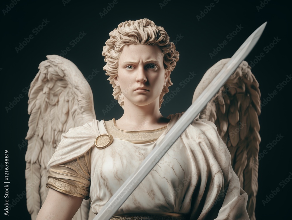 Marble statue of a guardian angel in marble, dressed in a toga with a ...