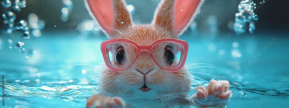Cute and fun bunny takes a bath with foam. Bathing rabbit. Beautiful ...