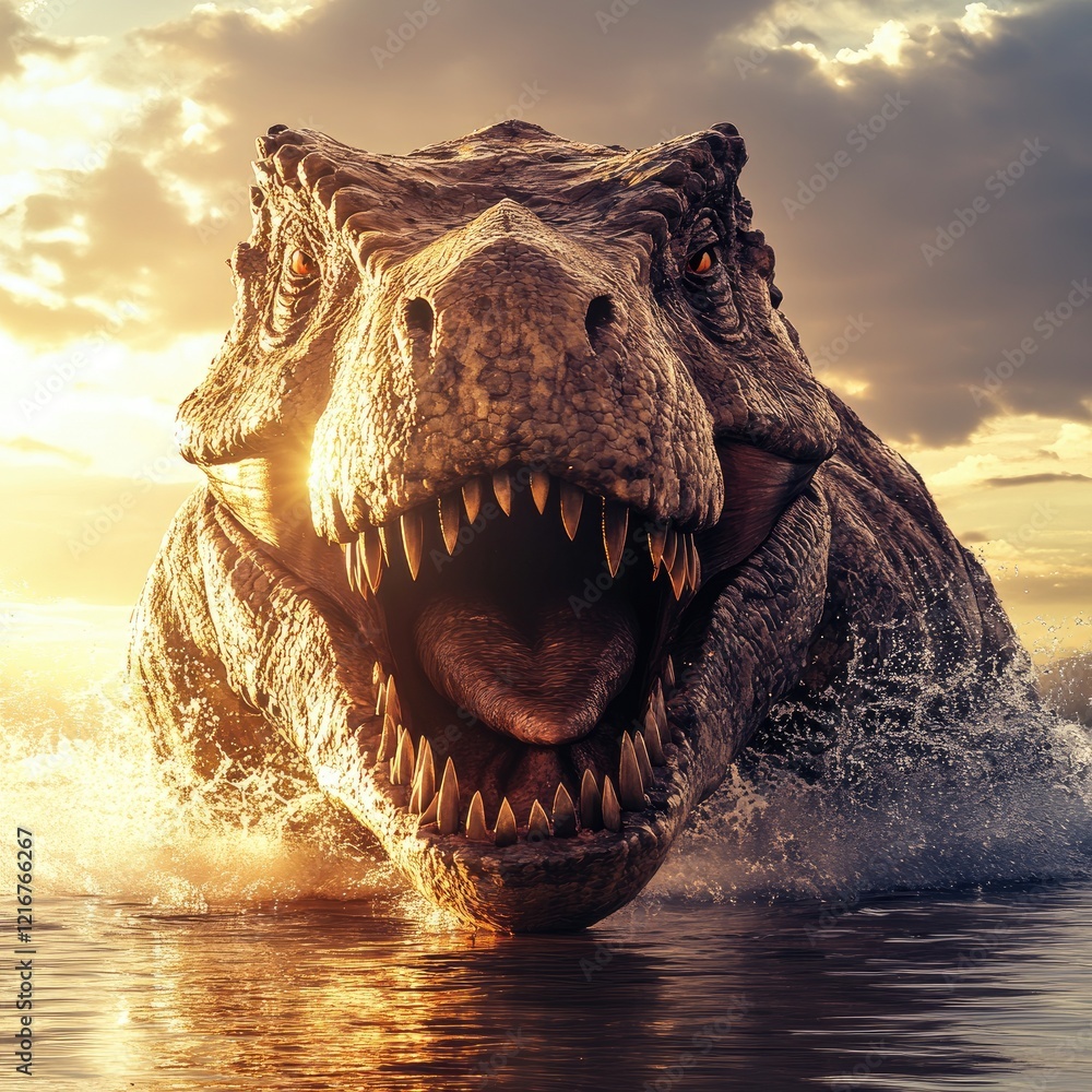Tyrannosaurus Rex emerges from water, sunset backdrop; prehistoric ...
