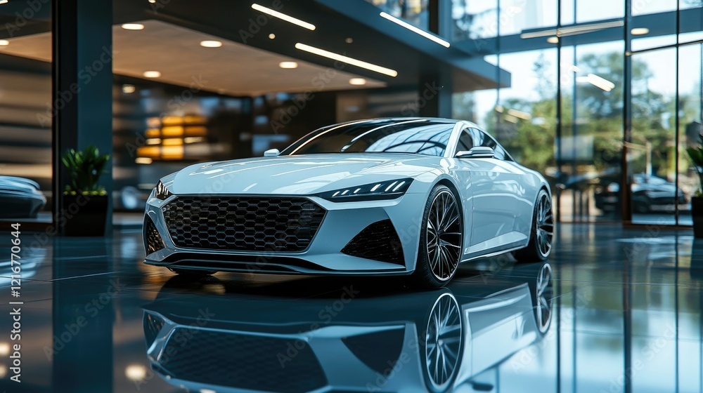 Modern car sleek front design captured in detail, displayed in a ...
