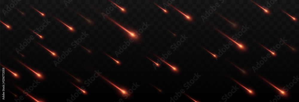 Vector meteor shower png. Falling comets on a transparent background. Cosmic starfall. Stock ...