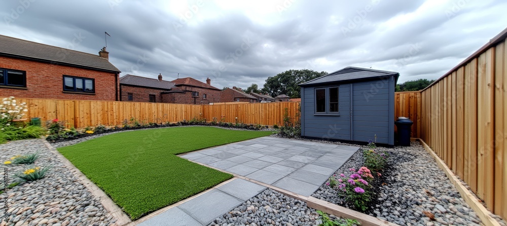 back garden, artificial grass, gray paving slab patio, timber fences ...