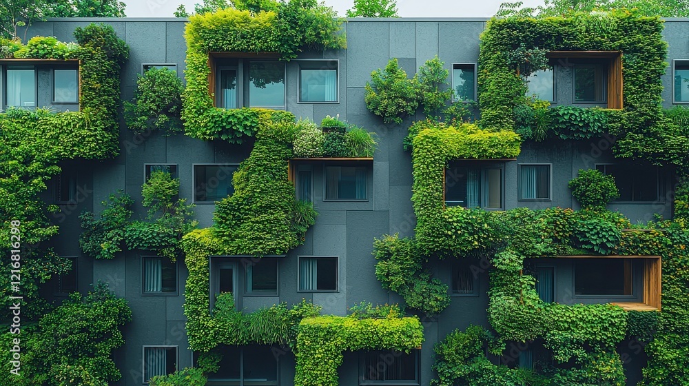 Showcasing a modern building facade integrated with vibrant greenery ...