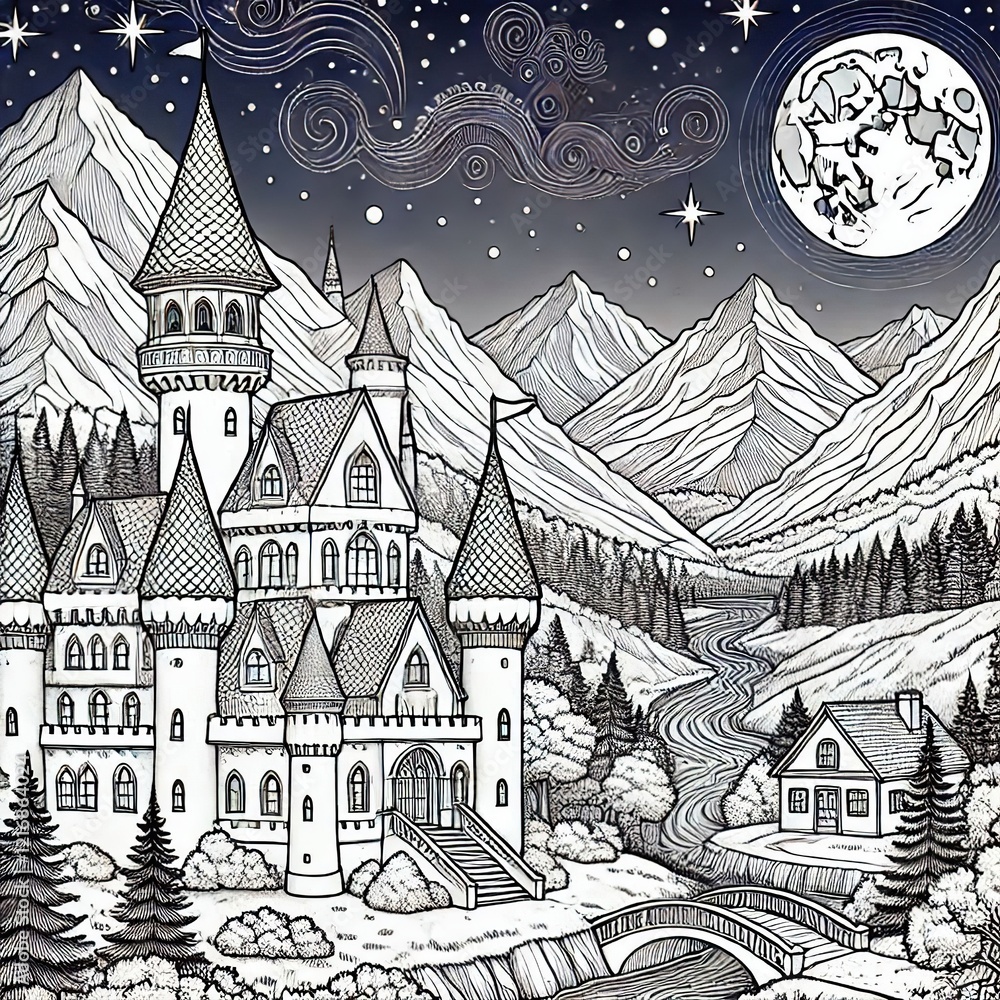 Black and white drawing, romantic fairy tale castle in the mountains at ...