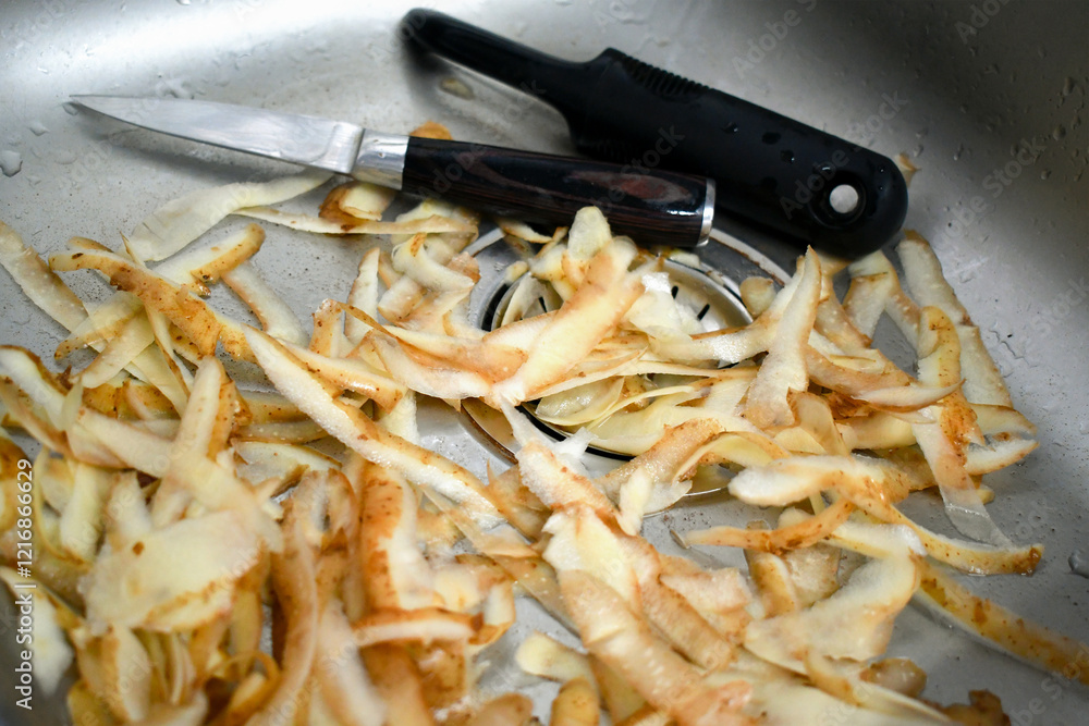 Peeled potato skin with a knife and a peeler in kitchen sink. Cooking ...