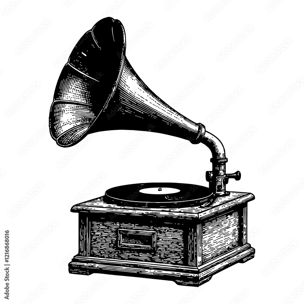 Gramophone Front View Detailed Antique Black and White Outline Line Art ...