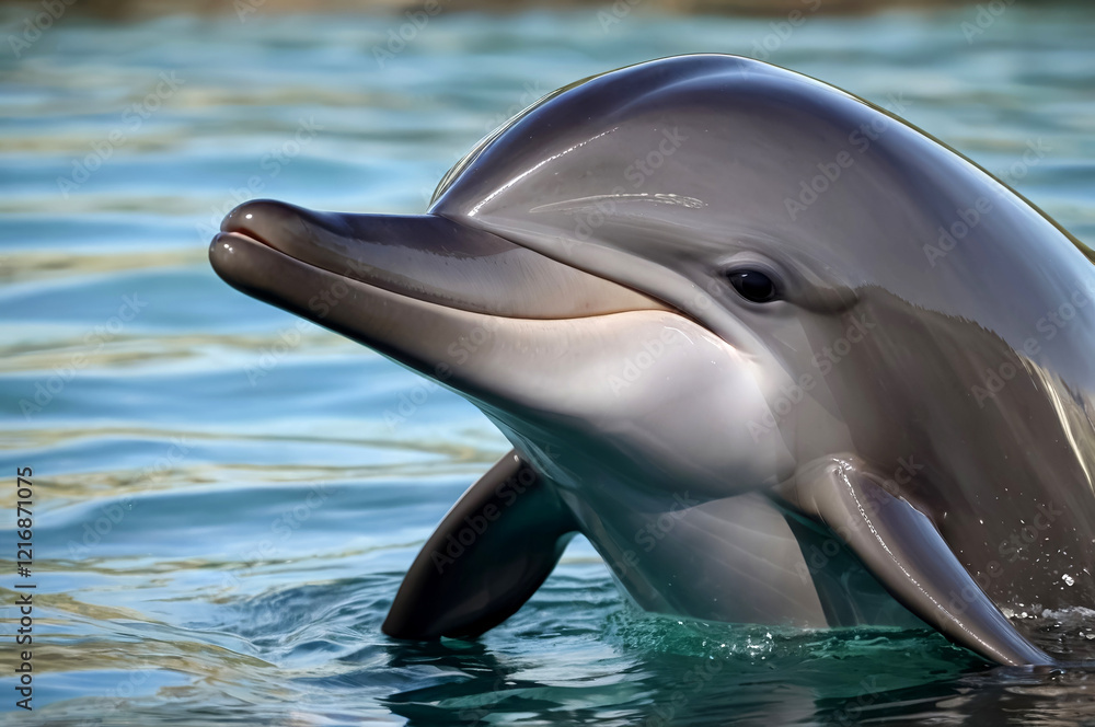 Photo with of a dolphin emerging from the water, marine mammals ...
