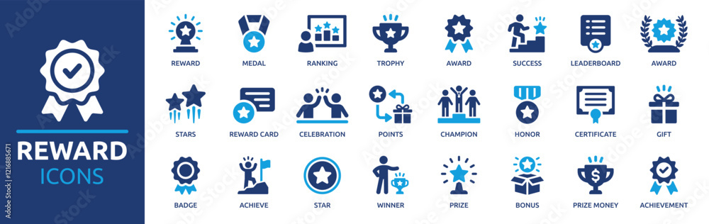 Reward icon set. Containing award, prize, medal, gift, trophy, badge ...