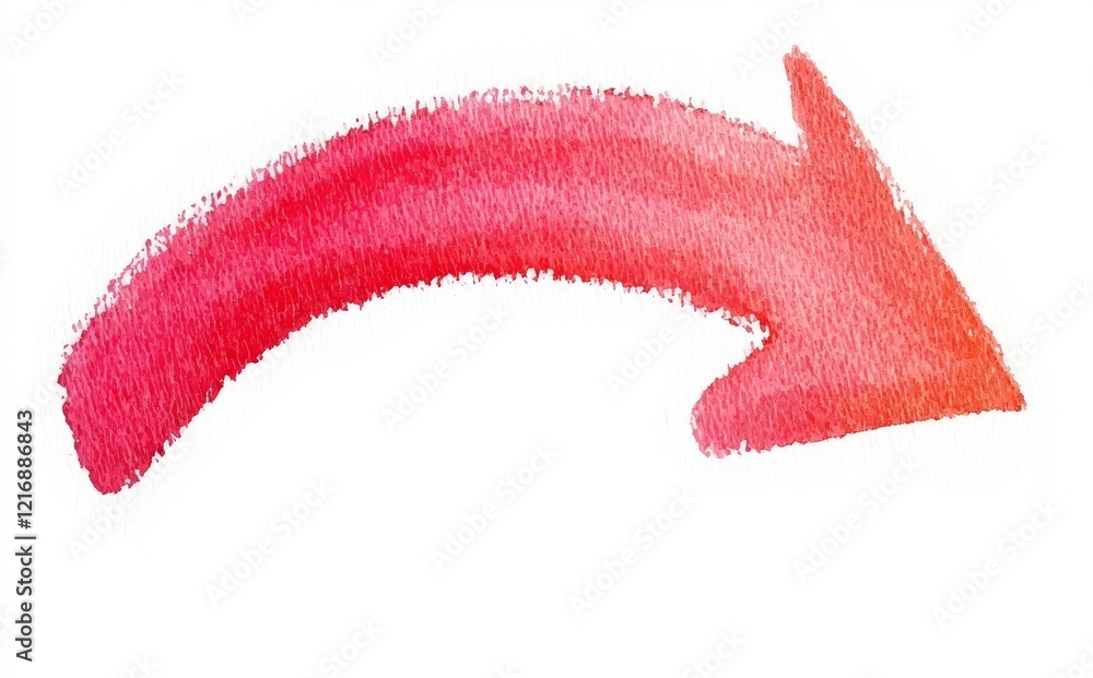 Red arrow sign painted with watercolor, exhibiting a granular ...