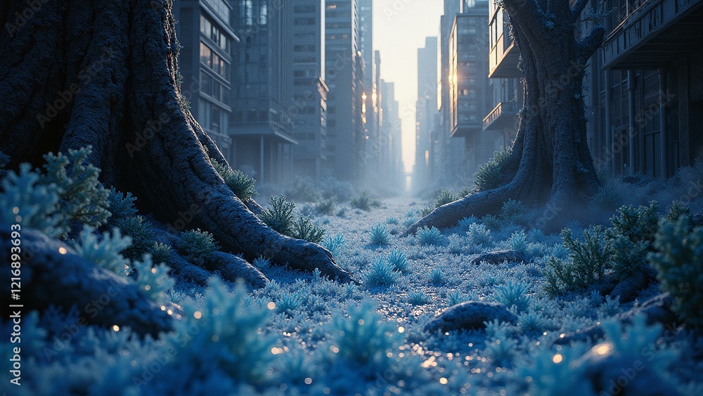 Dystopian Metropolis Landscape with Frozen Lava, Iridescent Crystals ...