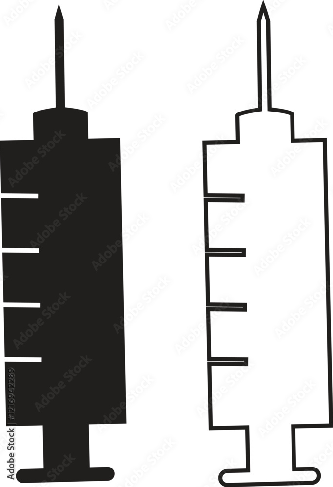 Stock-Vektorgrafik „Syringe icon set. Injection medical syringe silhouette, symbol, Solid black ...