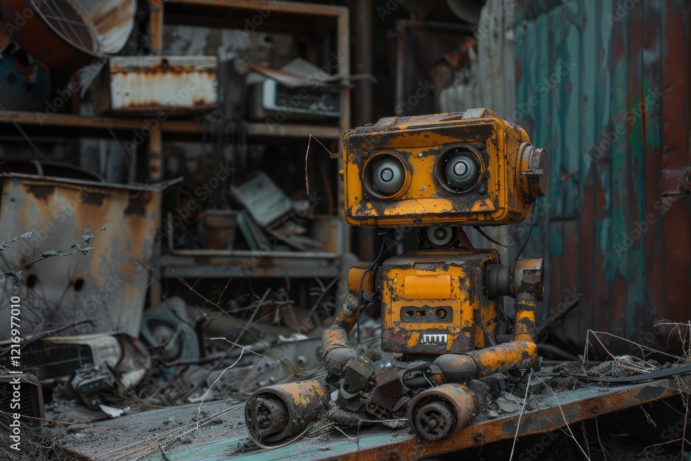An abandoned robot in a junkyard, An abandoned, rusty robot stands ...