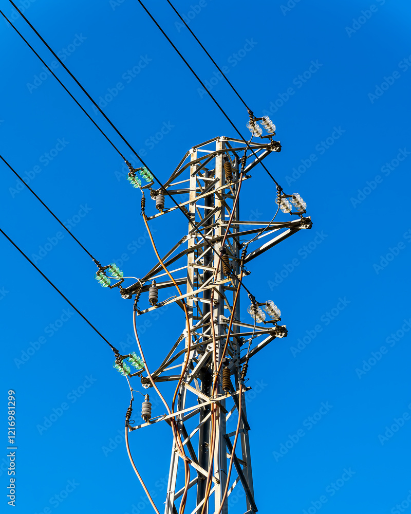 pillar of power electric line support on blue sky background. Electric ...