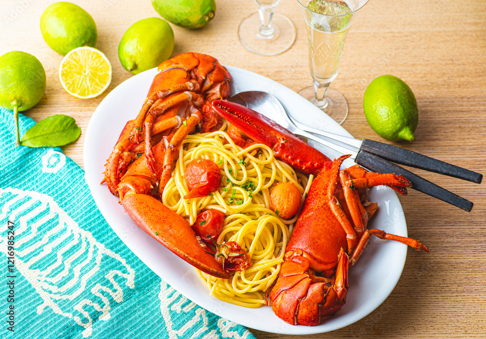 Lobster linguine pasta served with tomatoes and fresh lemons ...
