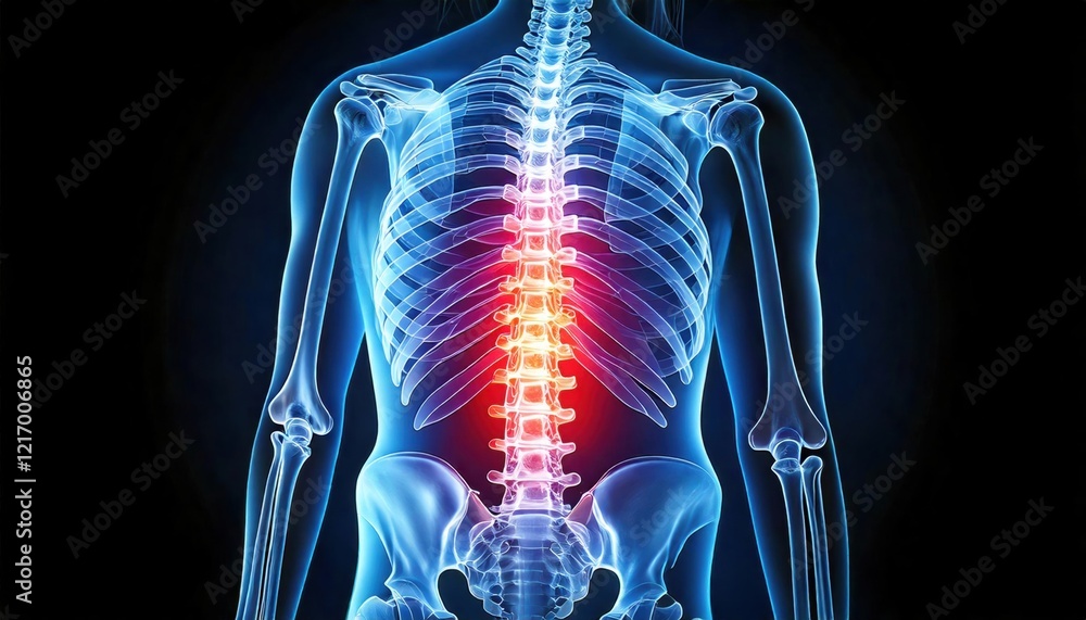 Calcium and bone, A detailed X-ray image of a fractured backbone ...