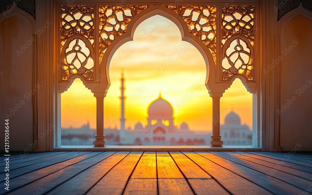 Arabic-style window with a wooden floor, a white background wall, and ...