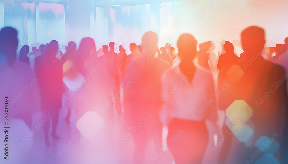 Corporate event with a large group of attendees, depicted in a blurred ...