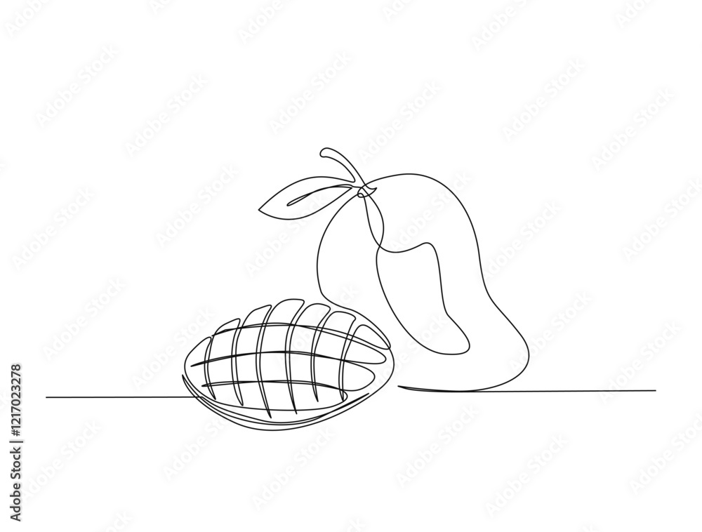 Continuous one line drawing of fresh mango fruit. A whole and sliced ...