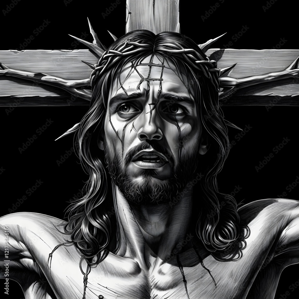 Dibujo a lápiz en blanco y negro que representa a Jesús crucificado. Stock Illustration | Adobe ...