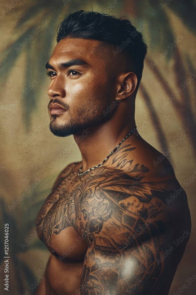 Samoan man posing proudly with traditional tribal tattoos and ...
