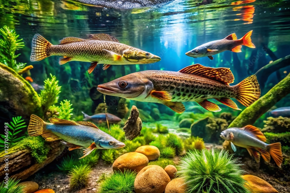 Panoramic Underwater View of Diverse Bichir Fish Species in Vibrant ...