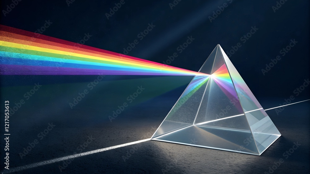 This image shows a clear, triangular prism dispersing a beam of white ...