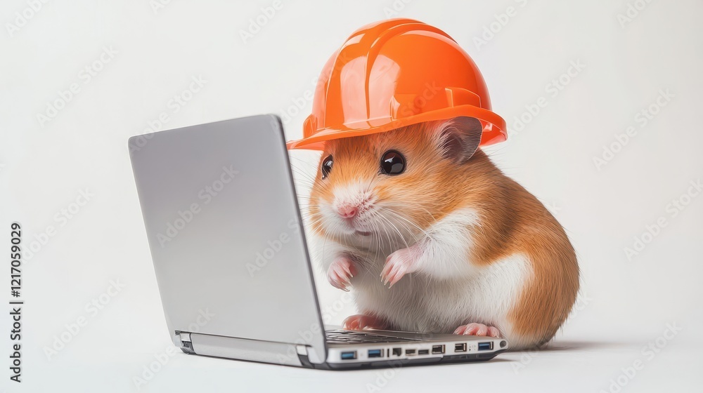 A cute hamster wearing an orange hard hat is focused on a laptop ...